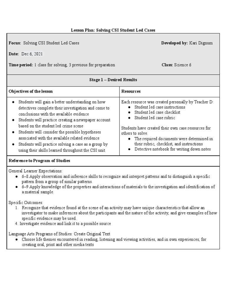 Student-Led Crime Scene Investigation | PDF | Lesson Plan | Forensic ...