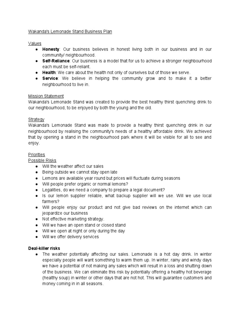 Wakanda's Lemonade Stand Full Business Plan (1) - 1444459739 | PDF ...
