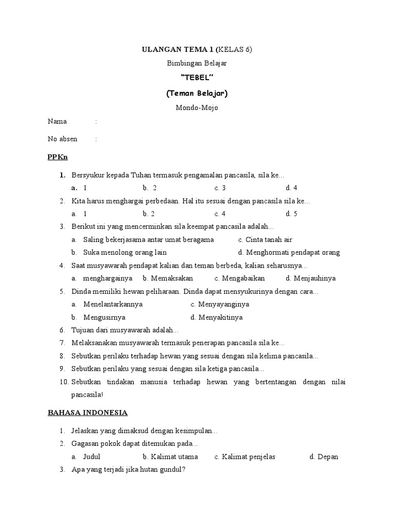 Ulangan Tema 1 Kelas 6: PPKn, B. Indonesia, Matematika, SBDP, IPA, IPS | PDF