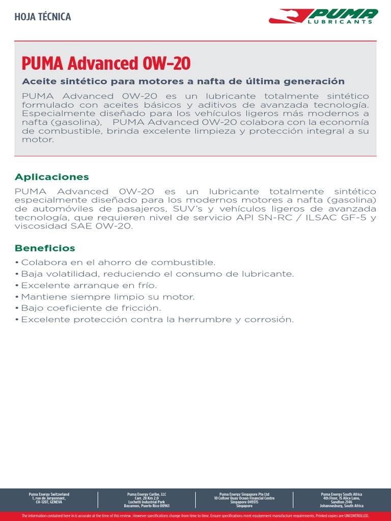 059 PUMA Advanced 0W 20 Rev.1 | PDF | Lubricante | Gasolina
