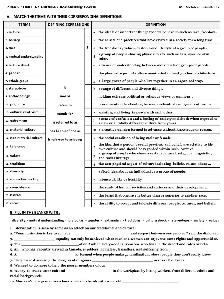 Culture Vocabulary Worksheet | PDF | Prejudices | Human Nature