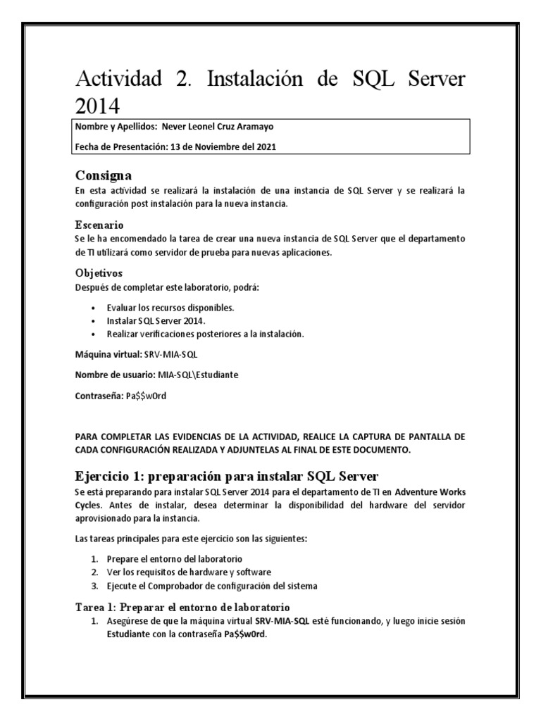 Actividad 02. Instalación de SQL SERVER 2014NLCA | PDF | Servidor SQL de Microsoft | Usuario ...