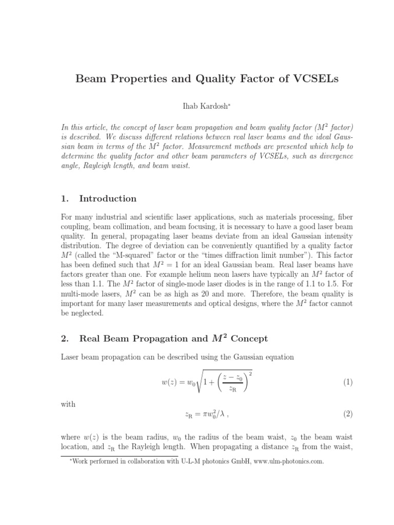 VCSEL Beam Quality and M2 Factor Analysis | PDF | Laser ...
