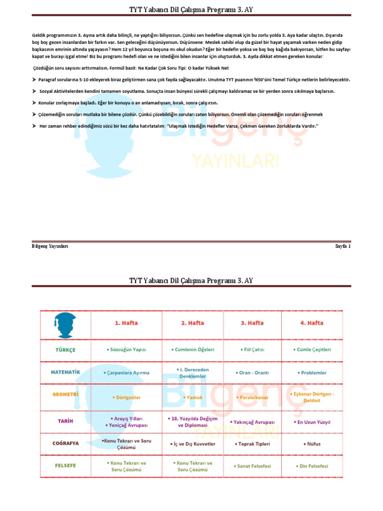 Tyt Yabanci Dil Calisma Programi 3 Ay | PDF