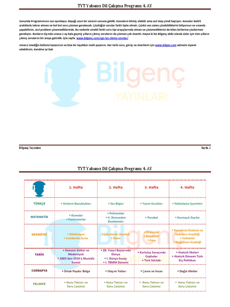 Tyt Yabanci Dil Calisma Programi 4 Ay | PDF