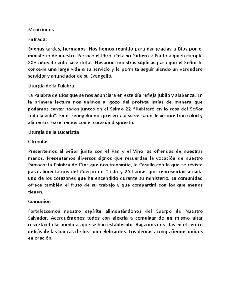 Moniciones para Misa de XXV Aniversario Padre Octavio | PDF ...