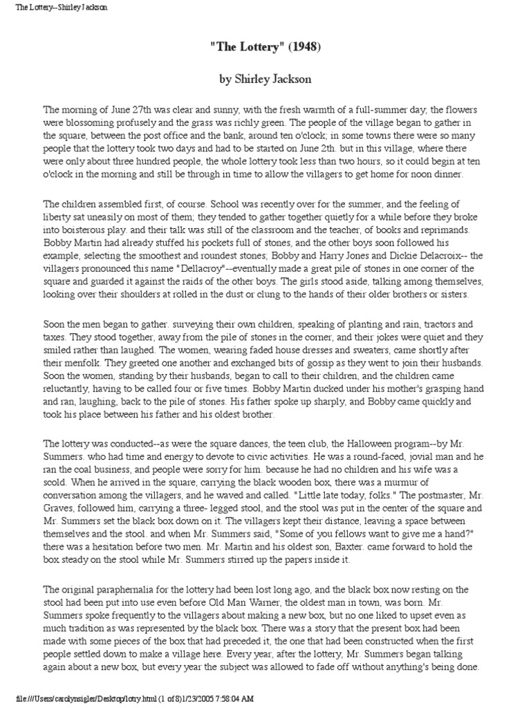 By Shirley Jackson: "The Lottery" (1948) | PDF