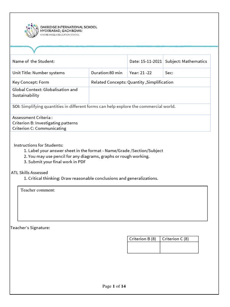 IB MYP-Year-3-Math-SA-2 (2021-22) - 10th Nov | Download Free PDF ...