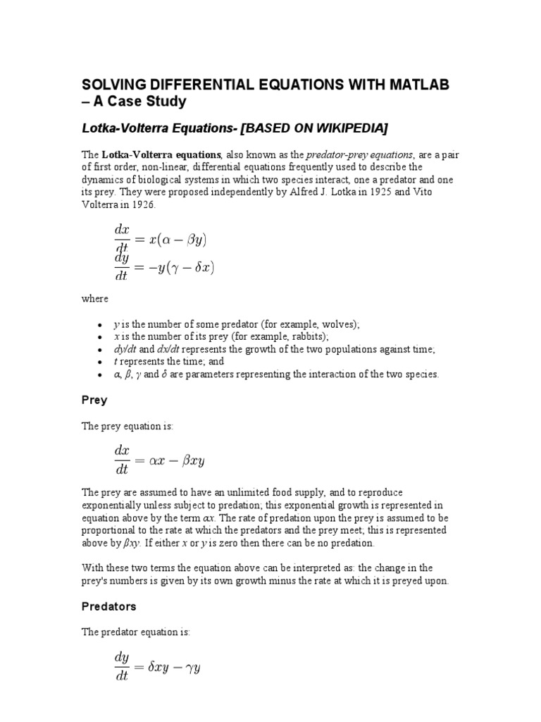 Solving Differential Equations With Matlab - A Case Study: Lotka ... Solving Differential Equations With Matlab - A Case Study: Lotka ...