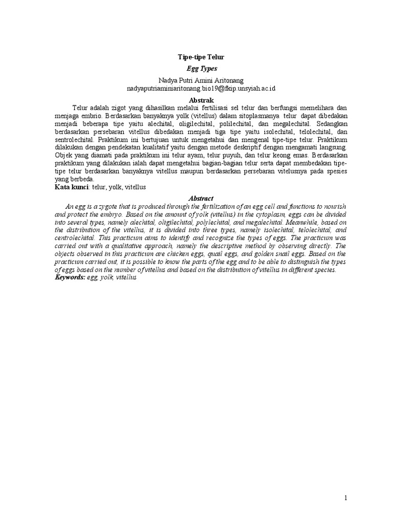 Tipe-tipe Telur Berdasarkan Banyaknya dan Penyebaran Vitellus | PDF