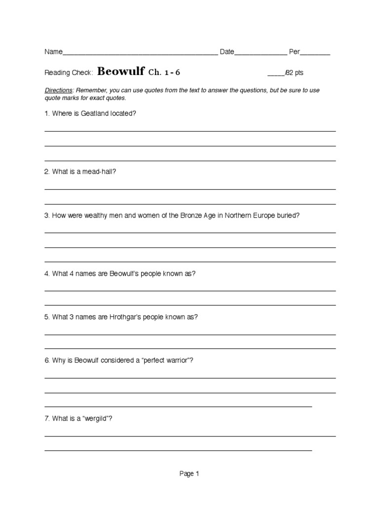 Beowulf Reading Worksheet | PDF | Beowulf | English Folklore
