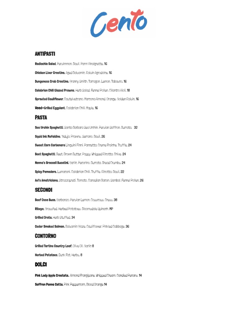 CENTO OpeningMenu Final 120921 | PDF | Italian Cuisine | Food Ingredients