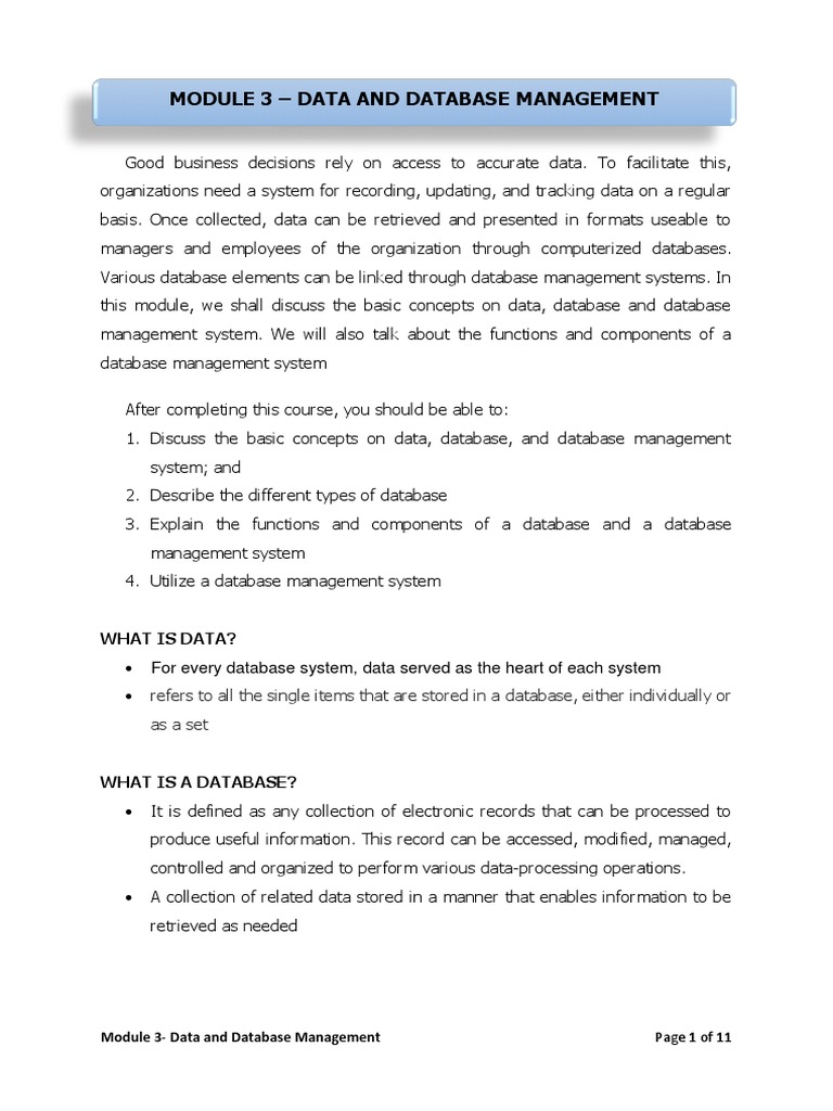 Module 3 - Data and Database Management | PDF | Databases | Database Transaction