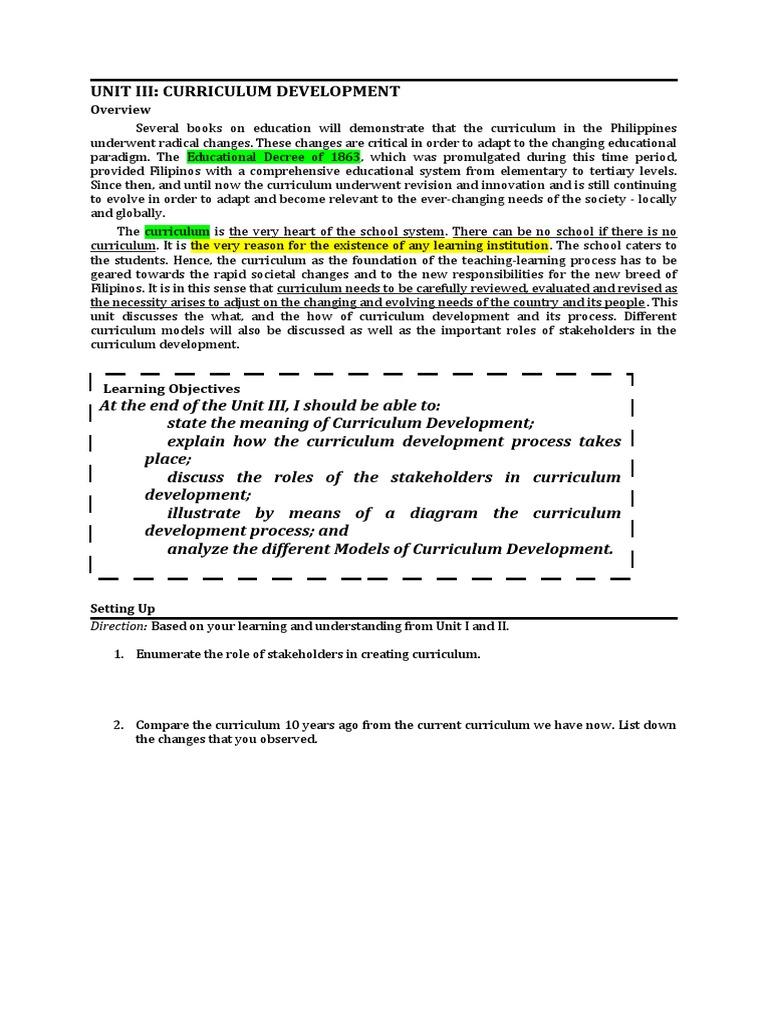 Unit Iii: Curriculum Development: Learning Objectives | PDF ...