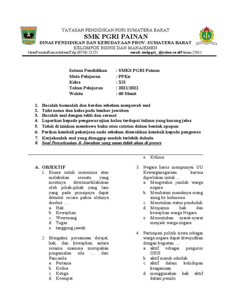 Soal PPKn Kelas XII SMK PGRI Painan | PDF | Ilmu Sosial