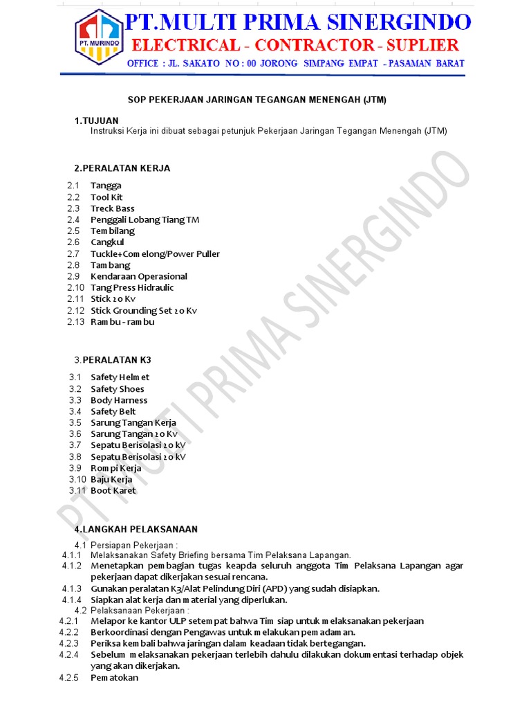 Sop Pekerjaan JTM | PDF