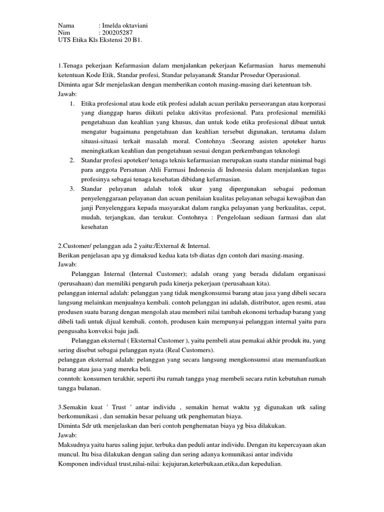 Imelda Oktaviani 200205287 Uts Etika Farmasi | PDF