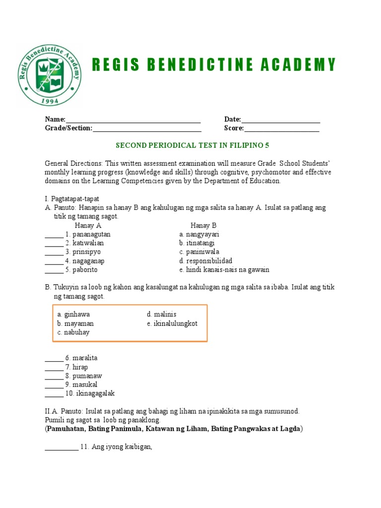 SECOND PERIODICAL TEST in FILIPINO 5 | PDF
