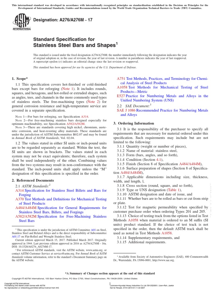ASTM A276 - Stainless Steel Bars and Shapes (2017.3) | PDF | Stainless ...