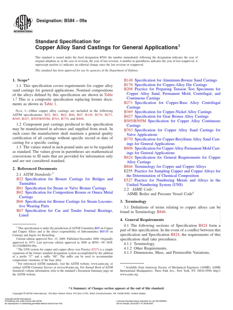 ASTM B584 - Copper Alloy Sand Castings For General Applications (2009 ...