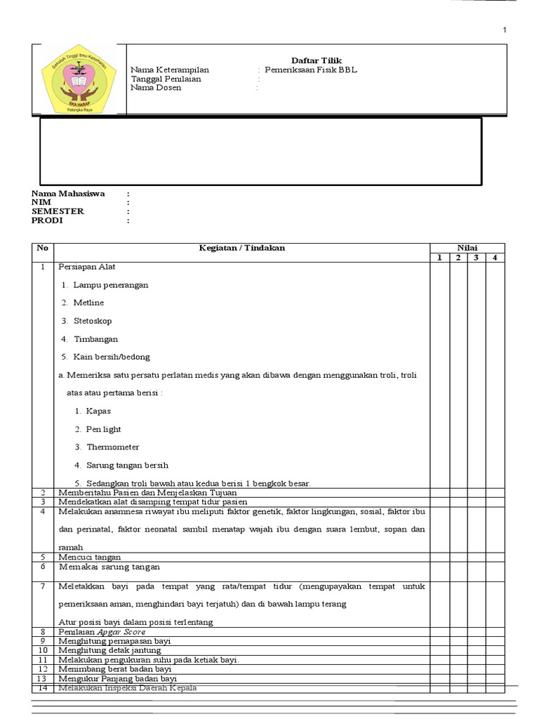 Daftar Tilik Pemeriksaan Fisik BBL Penilaian Osce | PDF