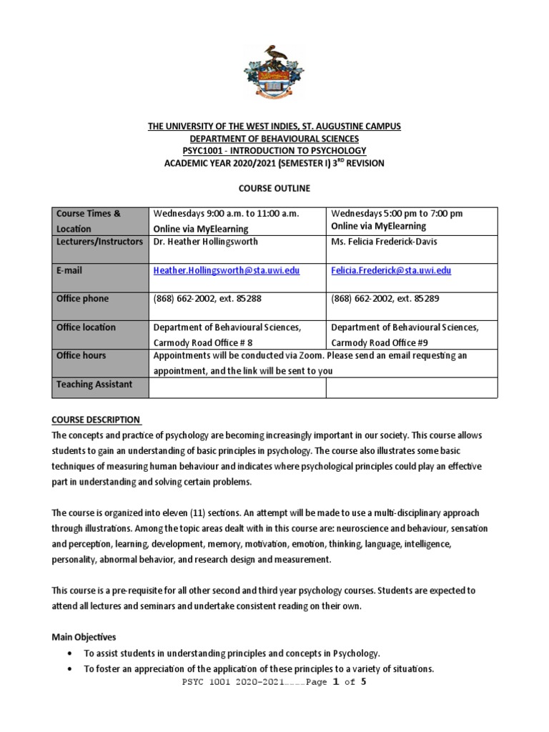 PSYC 1001 Course Outline 2020-2021 Semester I - 3rd Revision | PDF | Psychology | Emotions