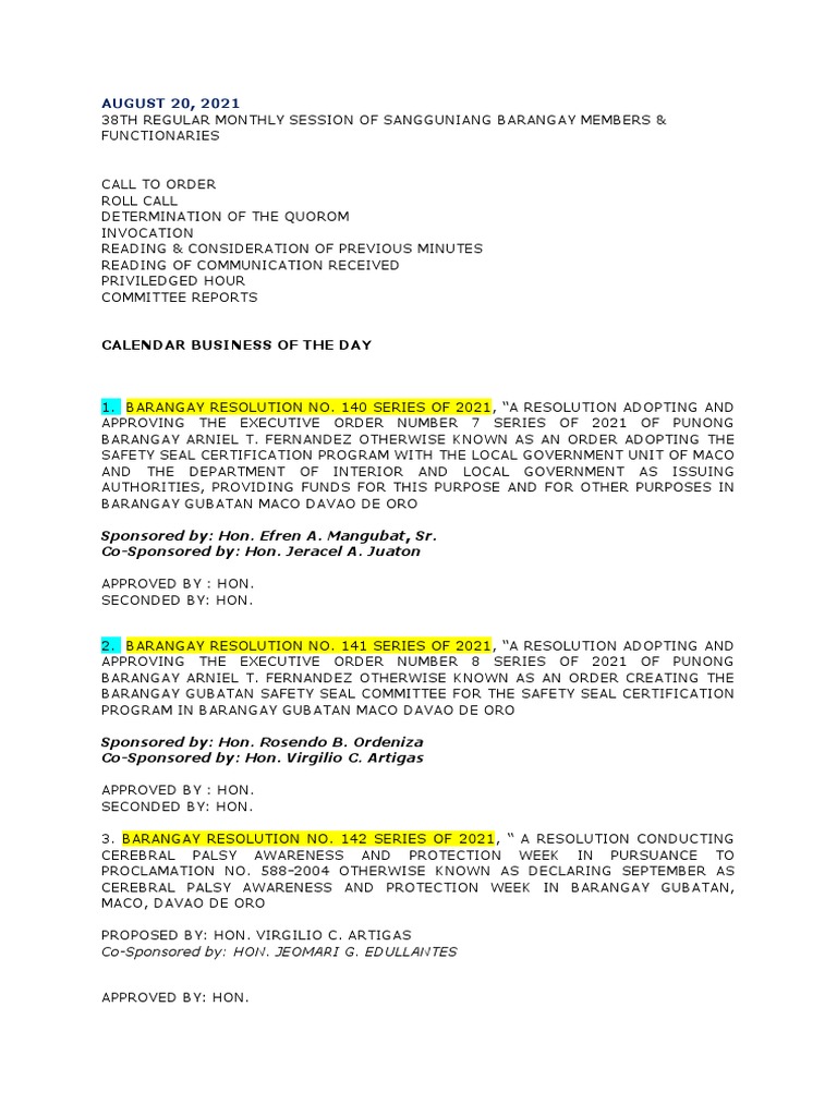 August 20 2021 Calendar Business Of The Day Pdf Government