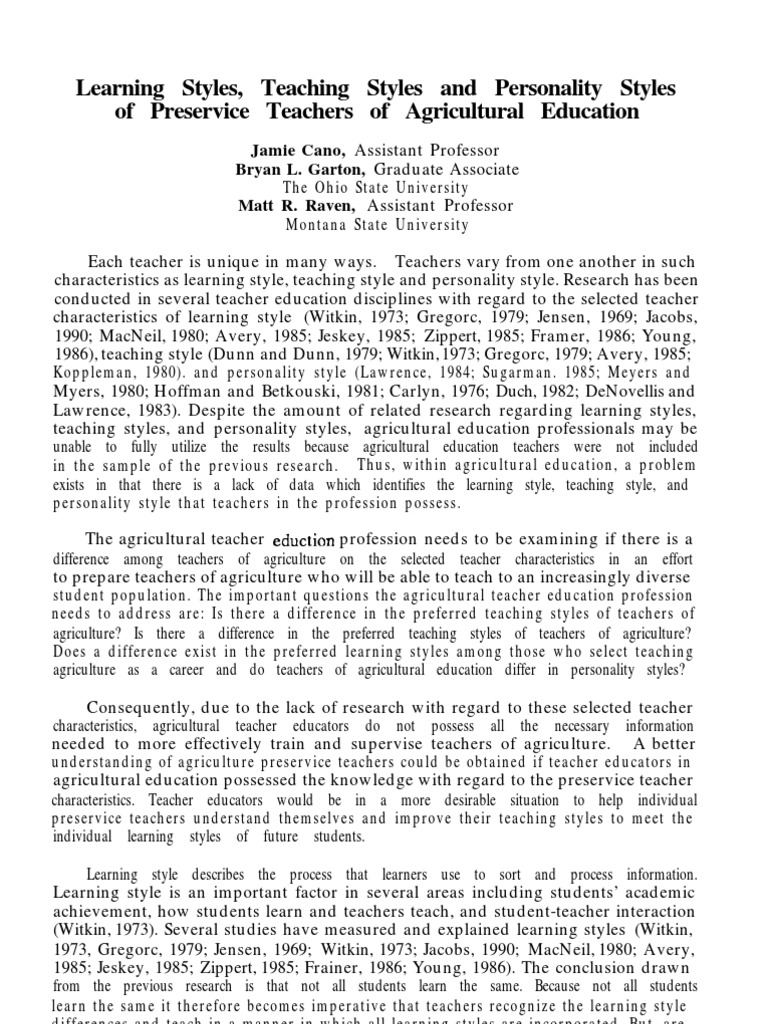 Learning Styles, Teaching Styles and Personality Styles of Preservice Teachers of Agricultural ...