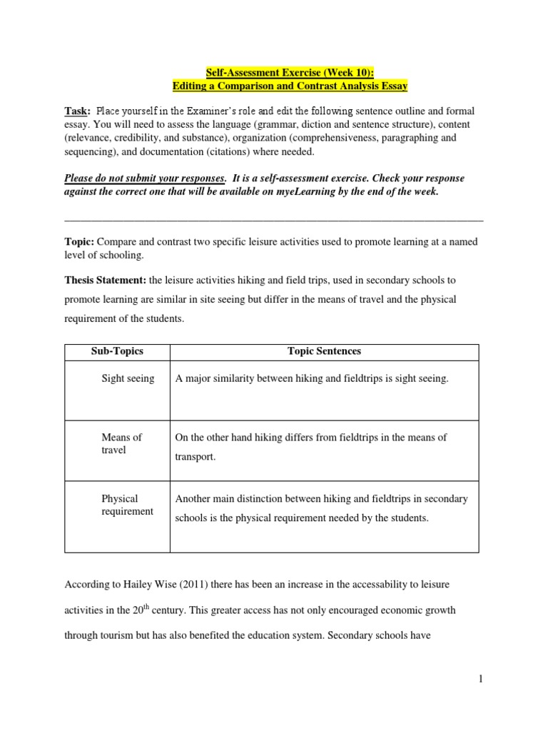 Self-Assessment Exercise (Week 10) - Editing A Comparison and Contrast ...