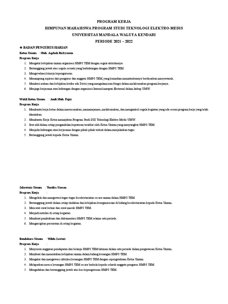 Program Kerja HMPS TEM 2021-2022 | PDF