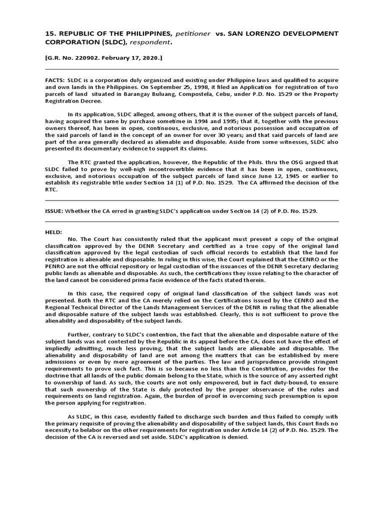 15 Republic vs. San Lorenzo Dev Corp | PDF | Burden Of Proof (Law ...