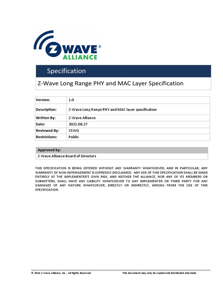 Z-Wave Long Range PHY and MAC Layer Specification | Download Free PDF | Computer Network | Osi Model