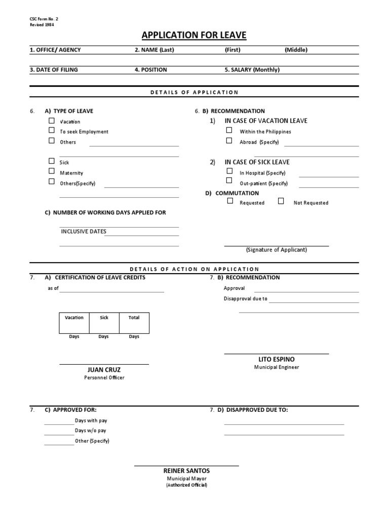 Application For Leave - Excel - Sample | PDF | Government