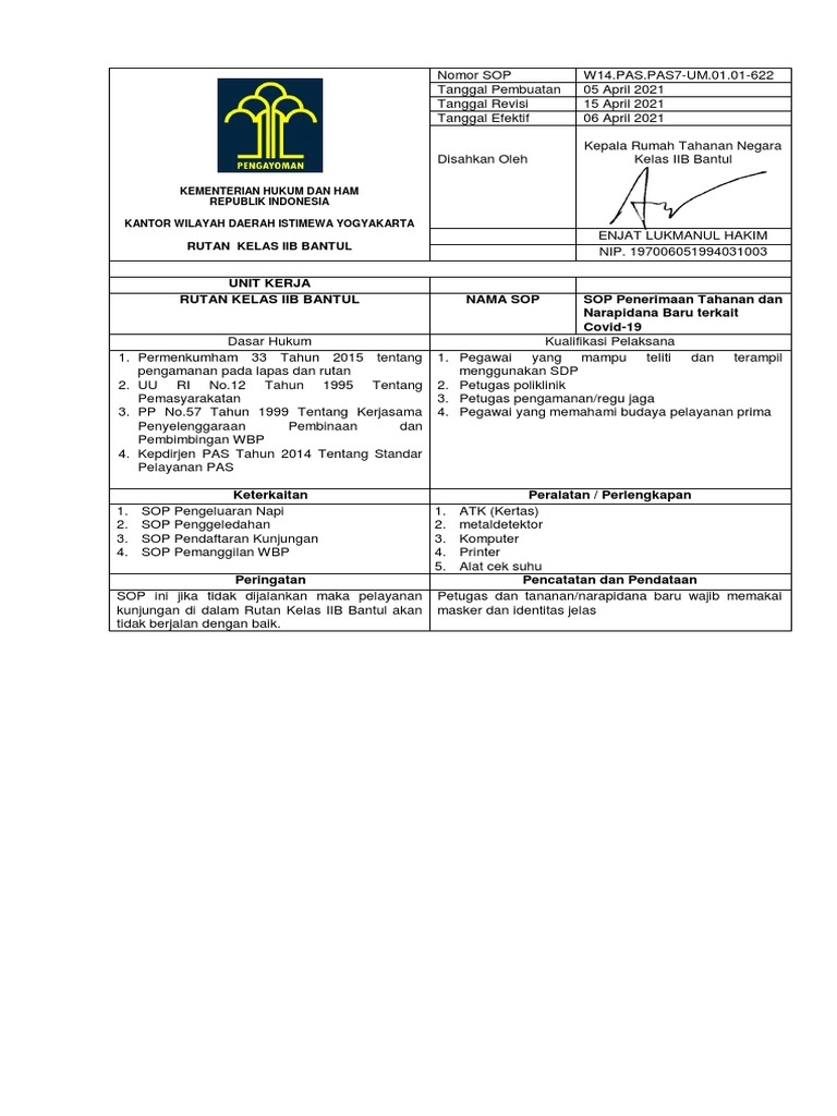 Sop Penerimaan Tahanan Baru UPLOAD | PDF