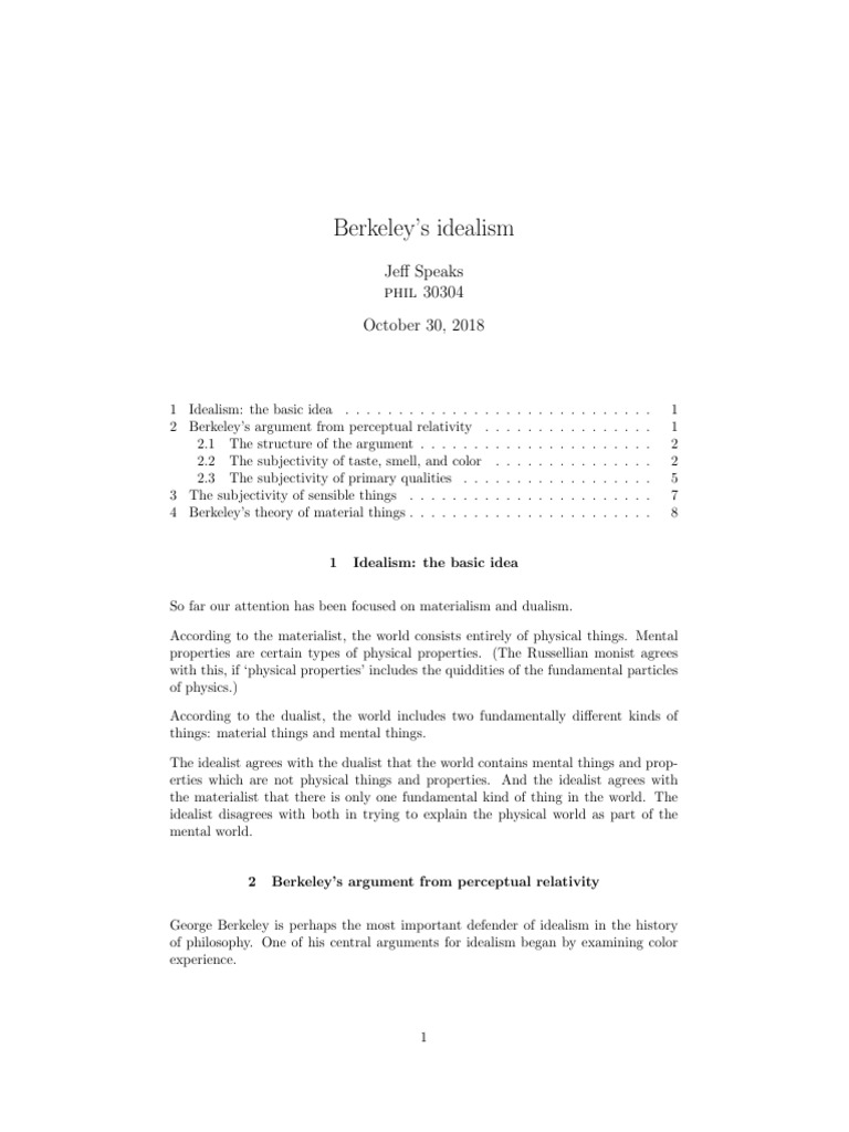 Berkeley's Argument for Idealism | PDF | Idealism | Philosophical Theories
