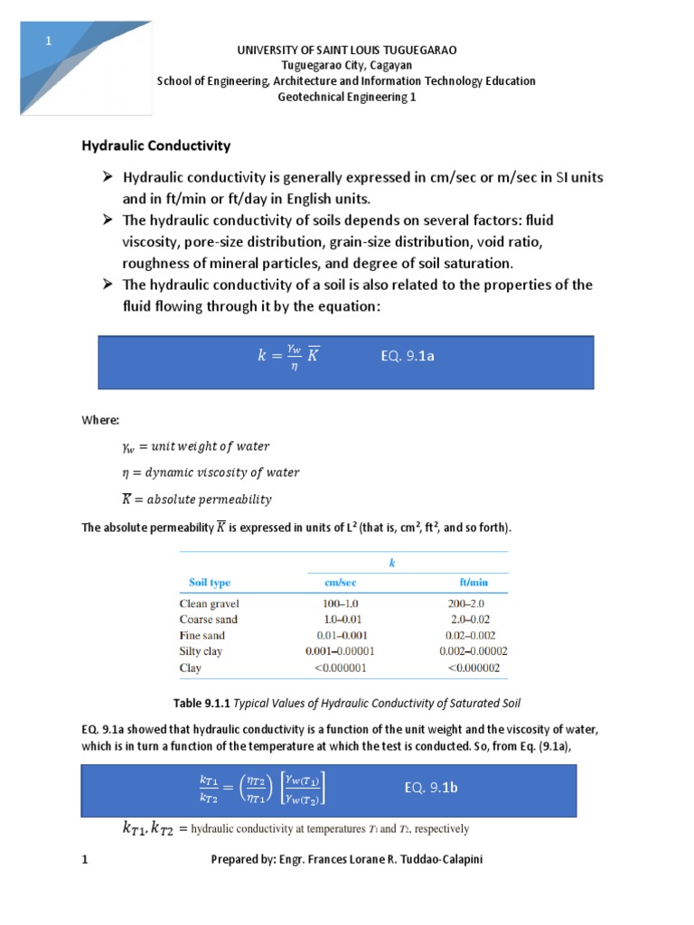 Hydraulic Conductivity: Table 9.1.1 Typical Values of Hydraulic ...
