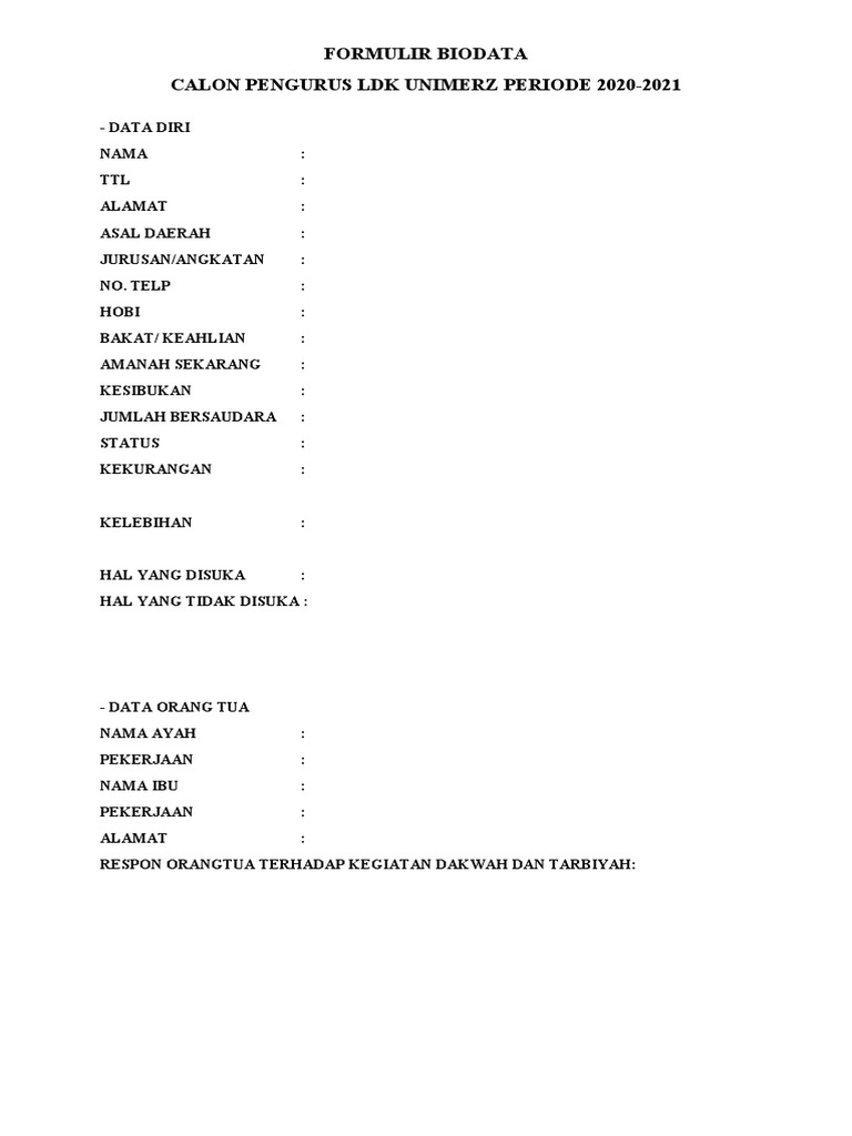 Formulir Biodata Pengurus LDK Unimerz | PDF | Hukum