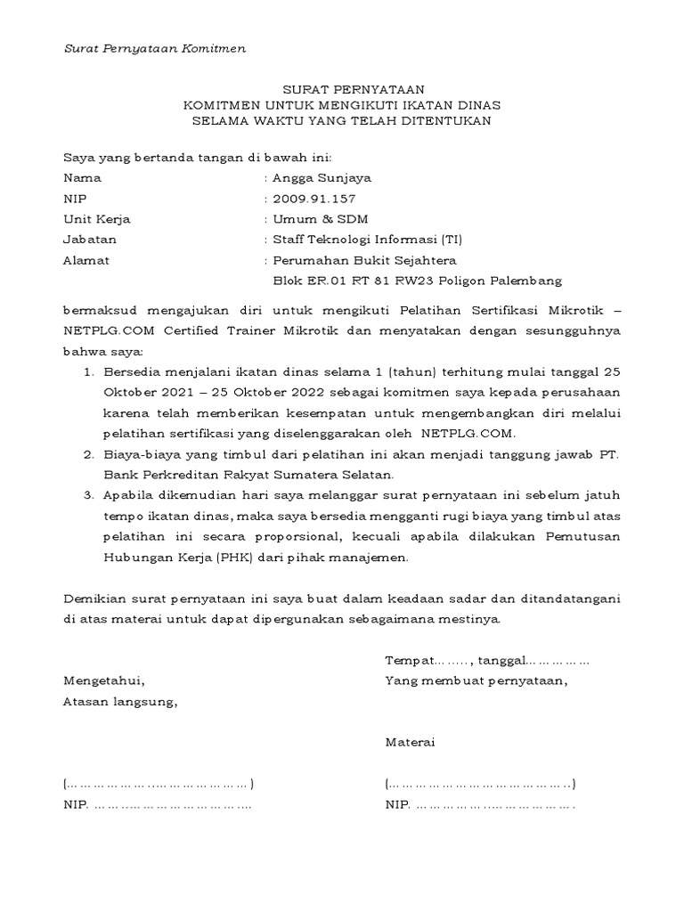 Surat Pernyataan Komitmen Karyawan | PDF