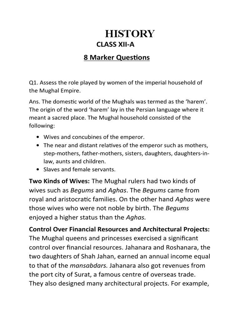 History: Class Xii-A 8 Marker Questions | PDF | Harem | Mughal Empire