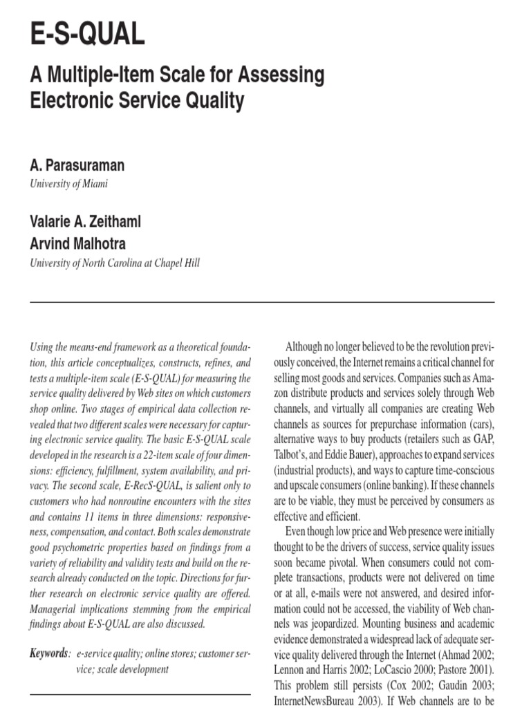 ESQUAL A Multipleitem Scale For Assessing Electronic Service Quality ...