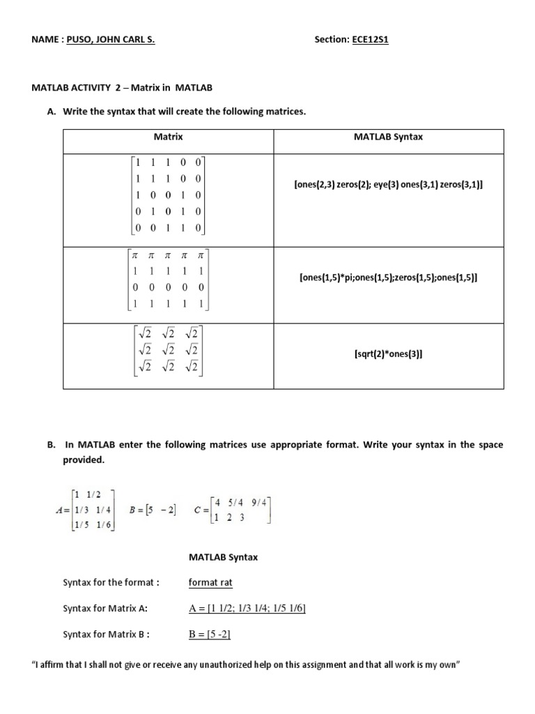 (Ones (2,3) Zeros (2) Eye (3) Ones (3,1) Zeros (3,1) ) | PDF | Matrix ...