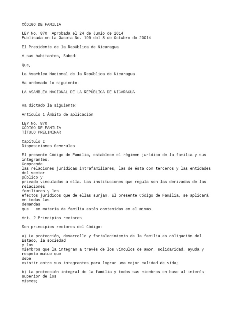 Codigo de Familia Ley 870-Copiar | PDF | Adopción | Familia