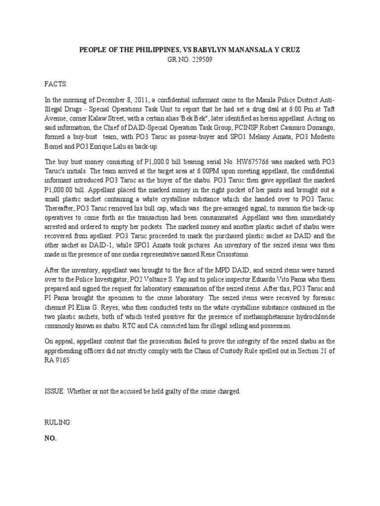 People of The Philippines, Vs Babylyn Manansala Y Cruz | PDF | Prosecutor | Witness