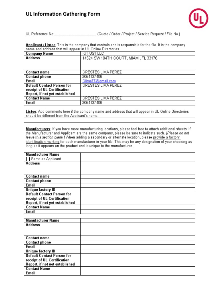 UL Information Gathering Form | PDF
