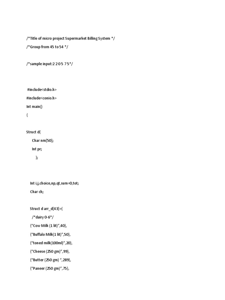 Supermarket Billing System C Project | PDF | Foods | Food And Drink