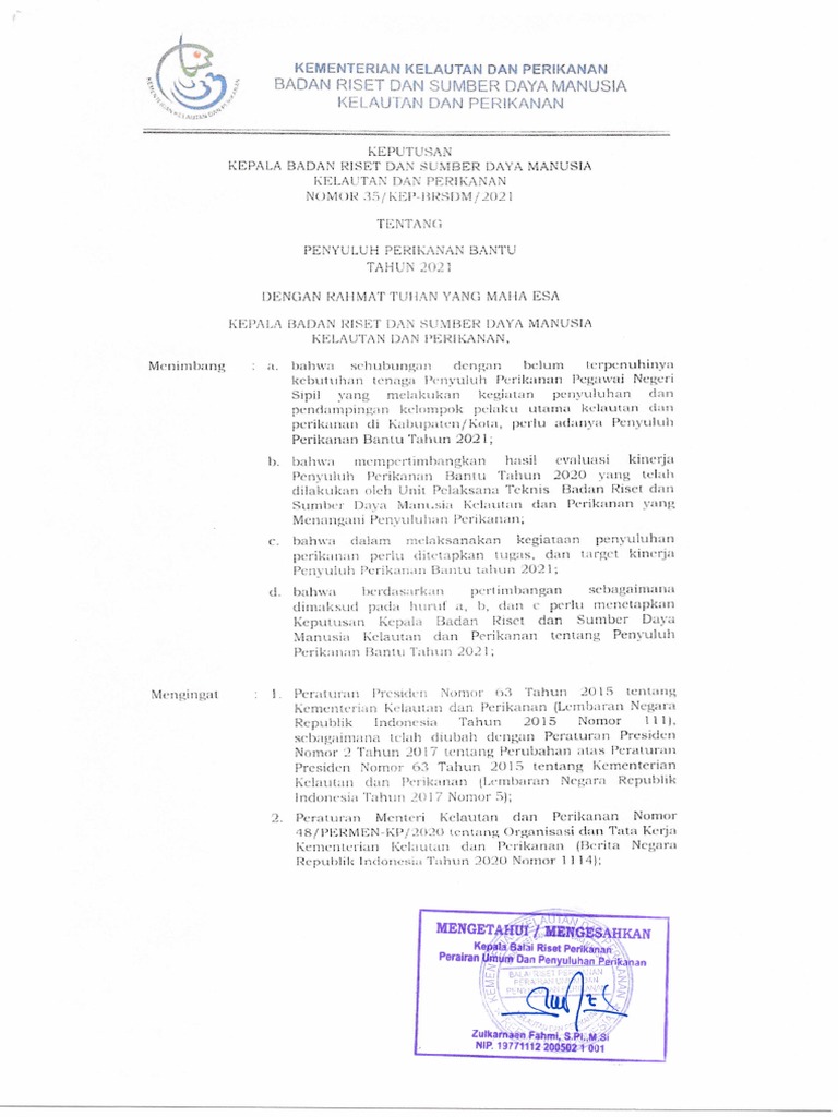 SK Kaban BRSDM Tentang Penyuluh Perikanan Bantu 2021 | PDF
