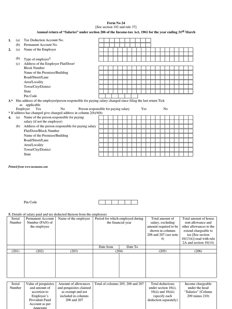 Form No 24 Annual Return of "Salaries" Under Section 206 of The Income ...