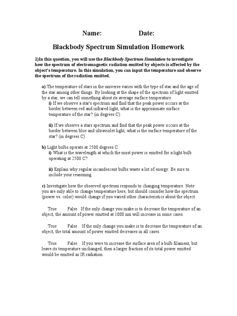 Blackbody Spectrum SIM Worksheet | PDF | Greenhouse Effect ...