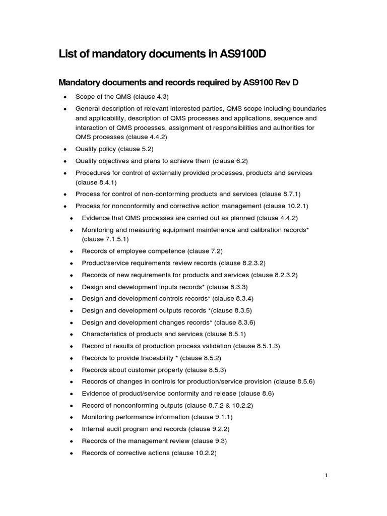 List of Mandatory Documents in AS9100 Rev D | PDF | Quality Management ...