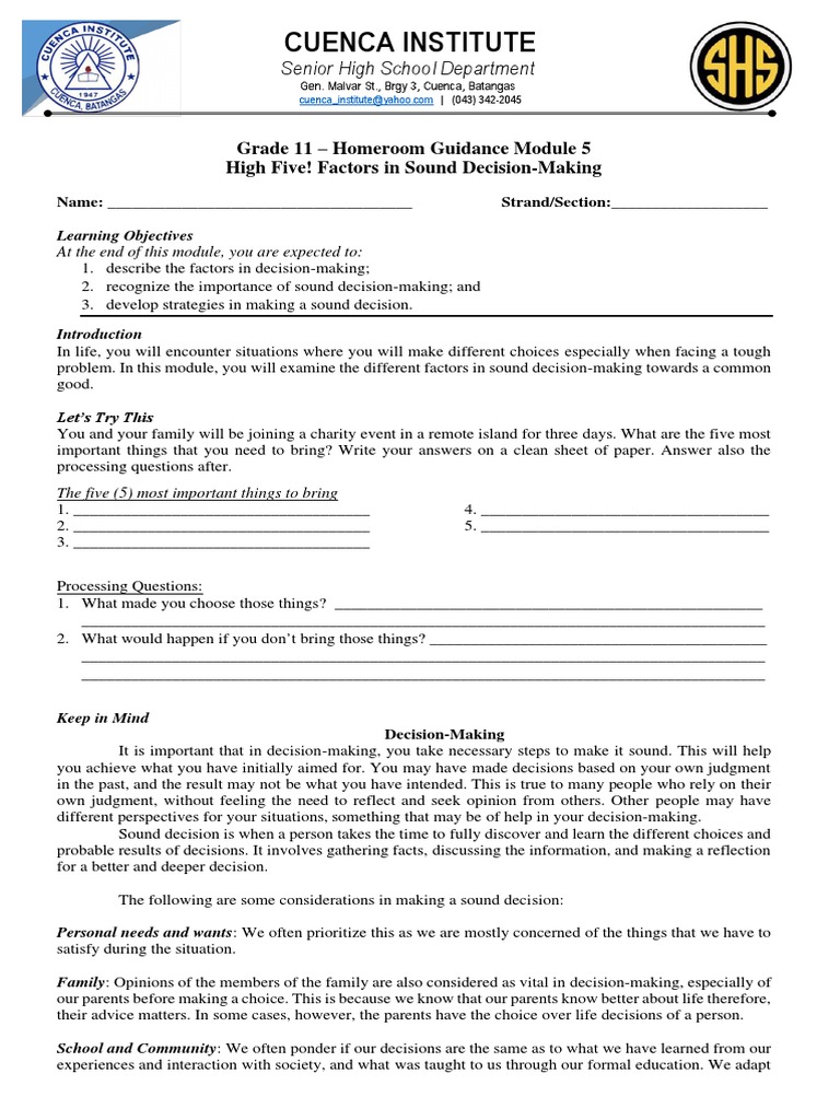 Homeroom Guidance Module 5 Activity Sheets | PDF | Decision Making ...